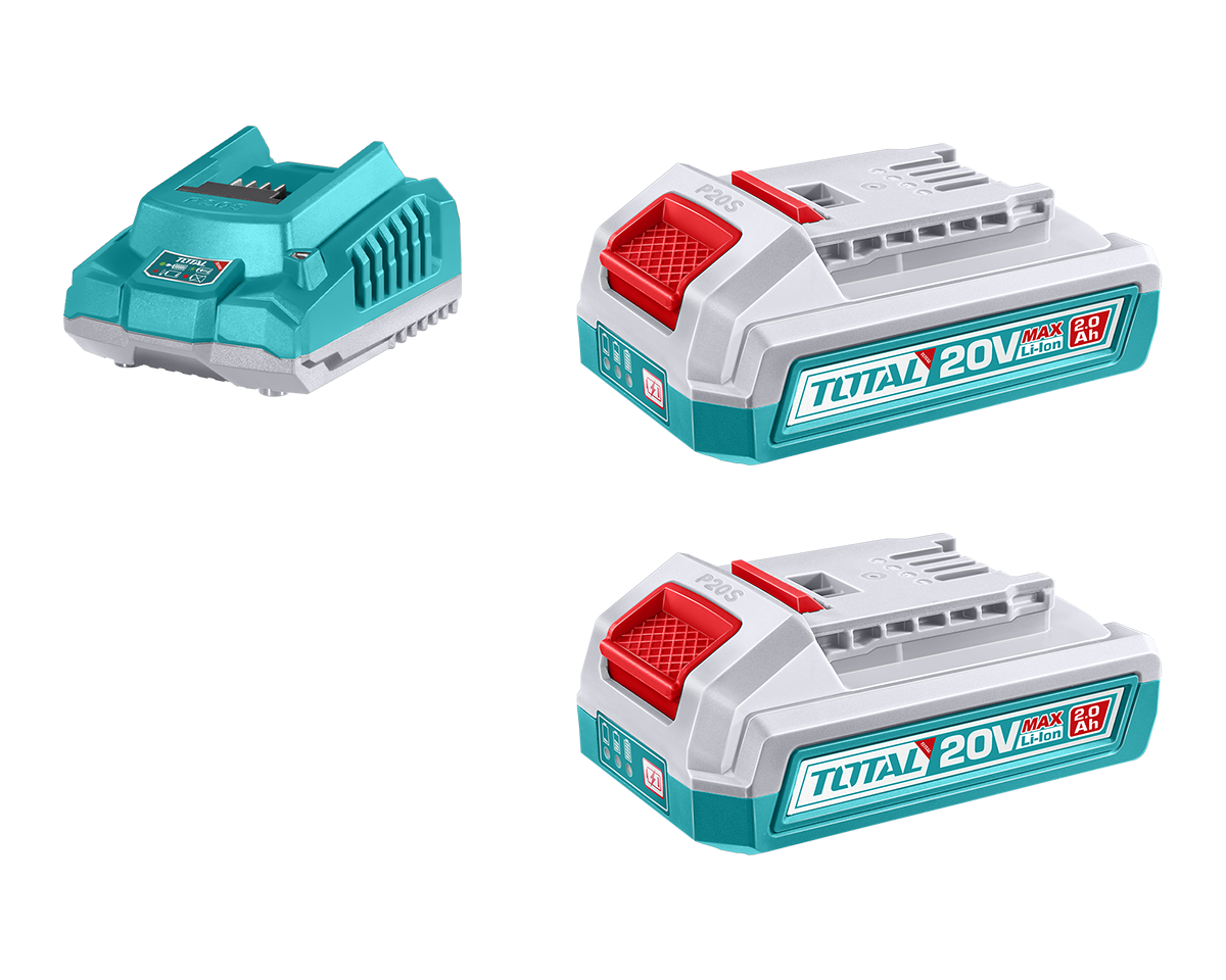Kit TOTAL 20V – 2 baterii Li-Ion 2.0Ah + incarcator rapid P20S – Atomico